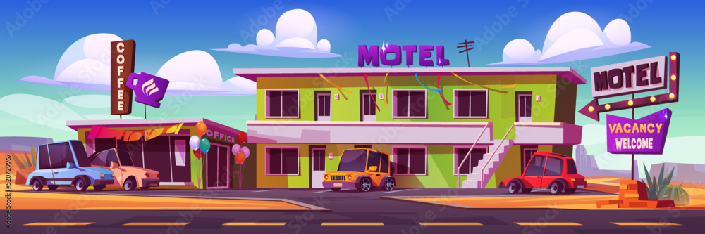 Cozy motel and roadside cafe vector cartoon illustration. Guest cars on ...
