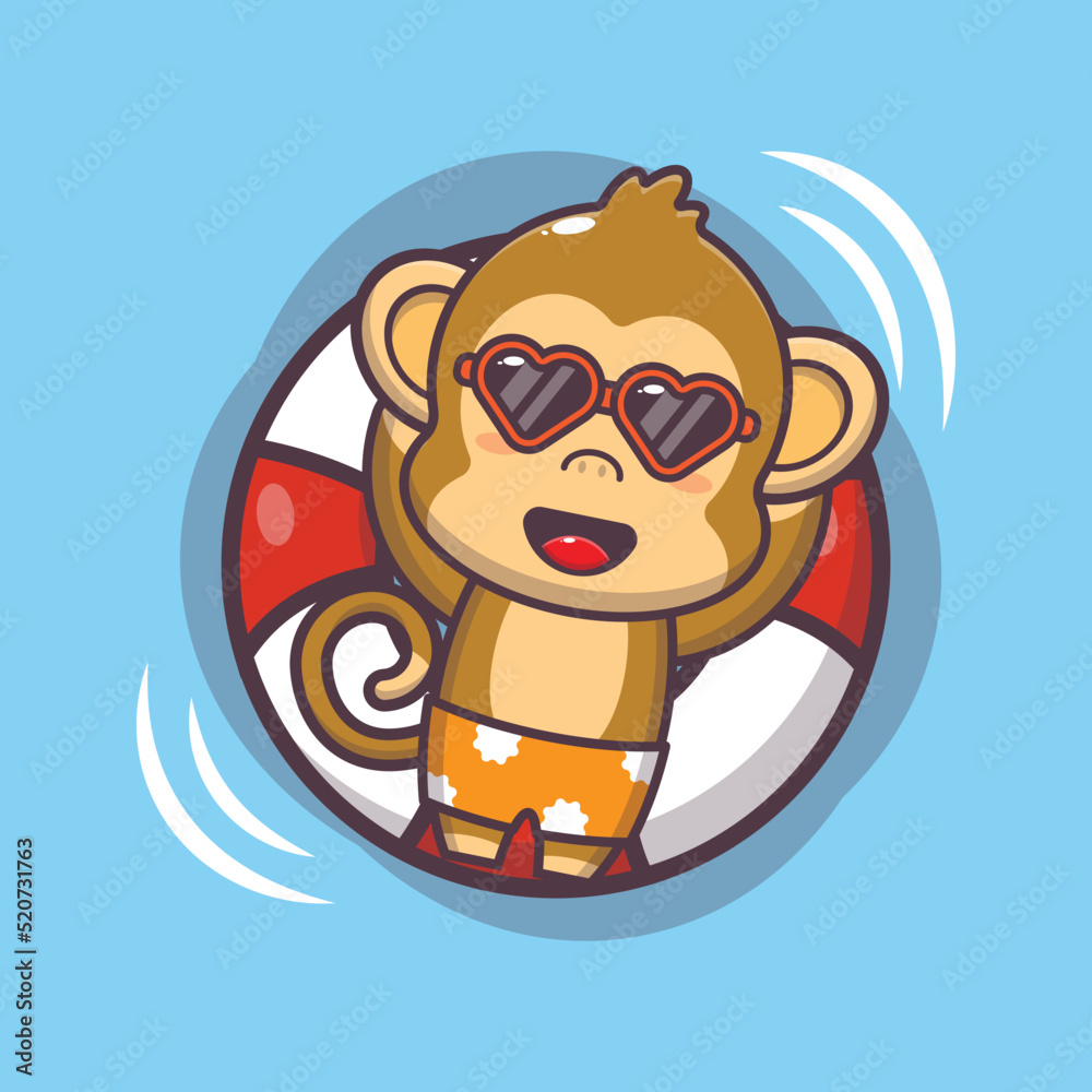 Cute monkey cartoon mascot character swim in beach on buoy Stock Vector ...
