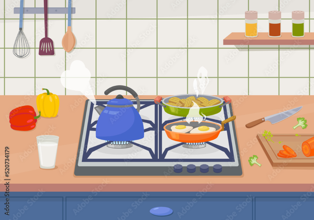 cooking on gas stove. kitchen background with various utensils for ...