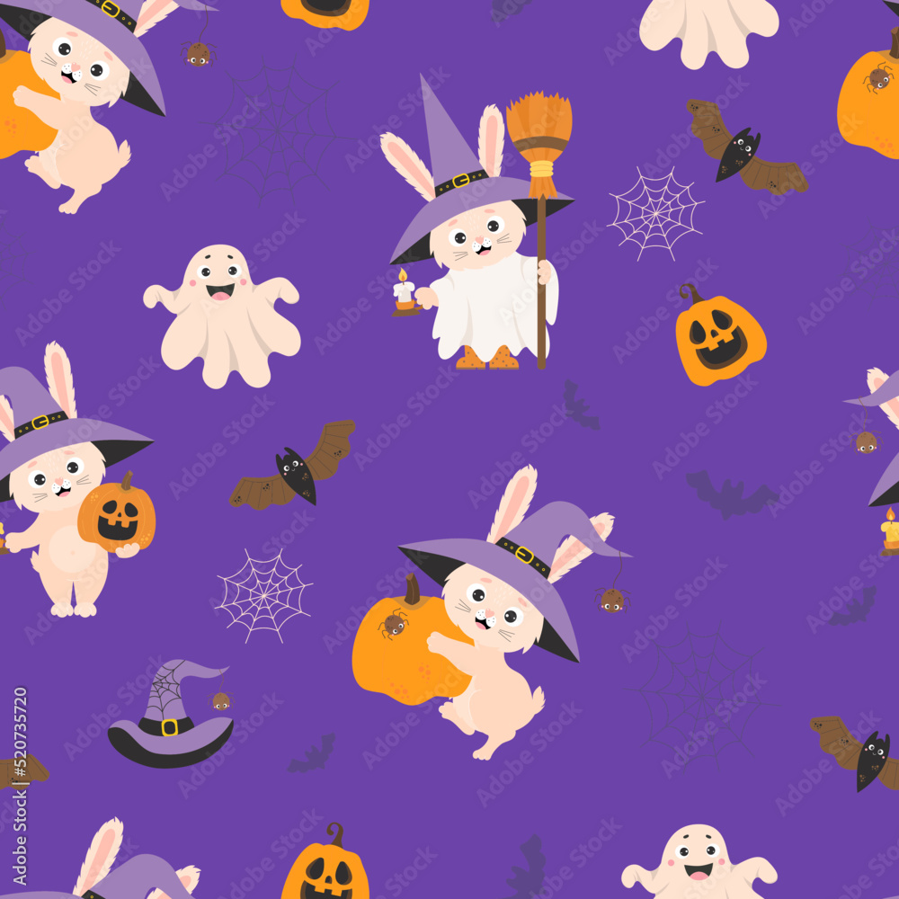 Seamless pattern Halloween. Cute rabbit in witch hat with broom ...
