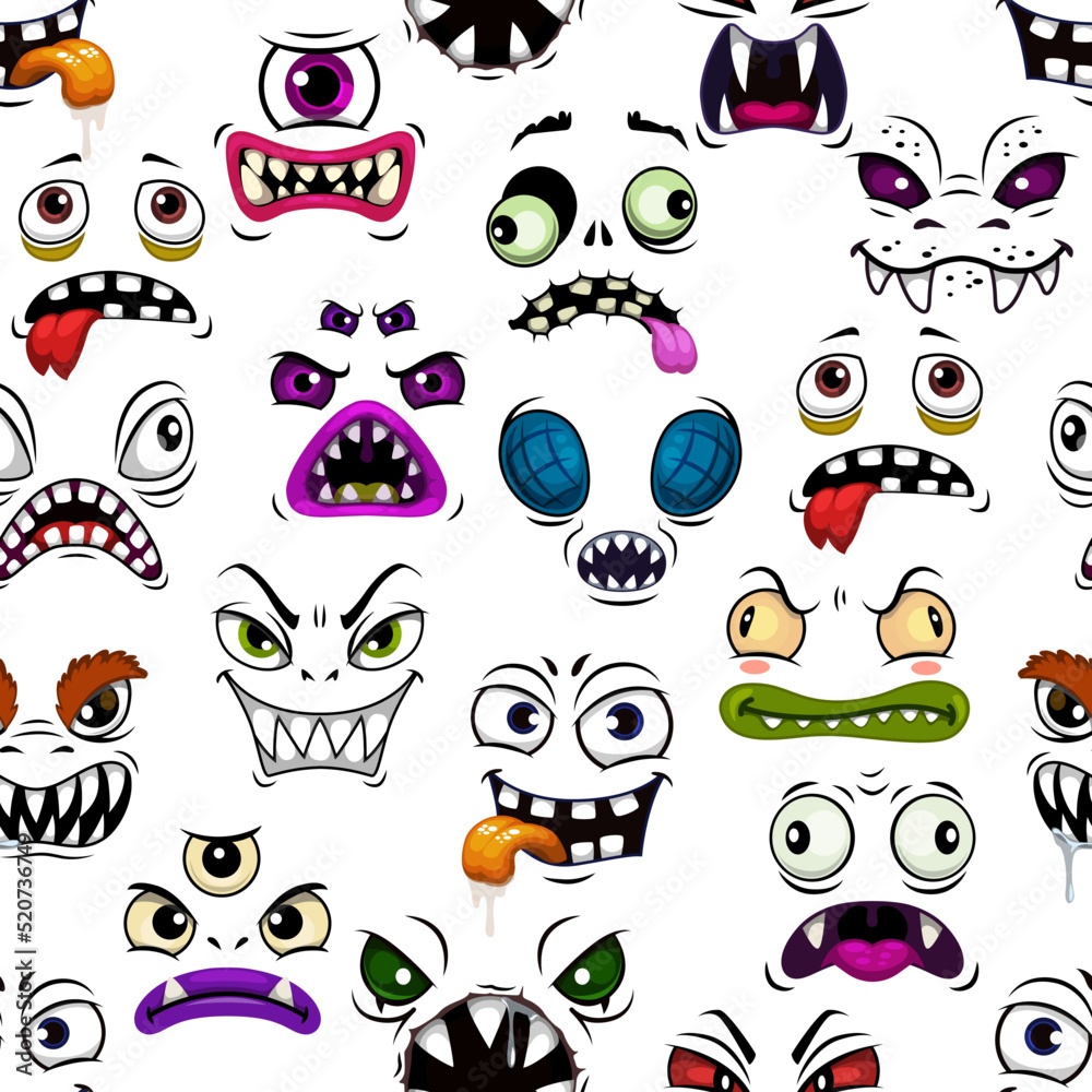 Cartoon monster faces vector seamless pattern. Cute, scary, funny and ...