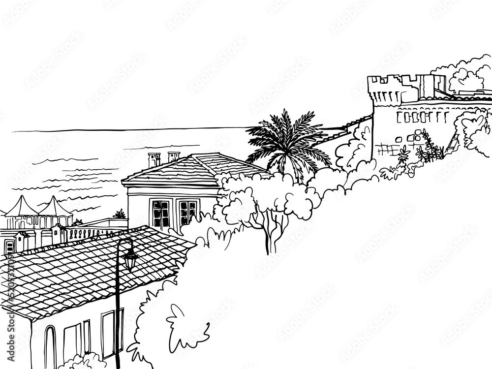 Nice view of the sea, old houses and the ancient fortress. Monaco ...