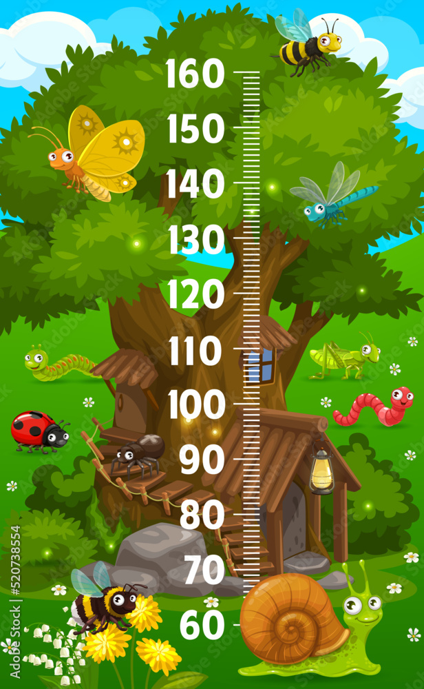 Cartoon insect characters and oak tree house, kids height chart growth ...