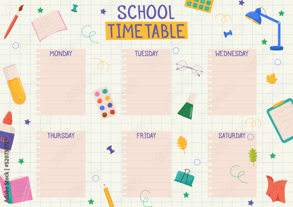 Cute childish school timetable, weekly classes schedule for kids with ...