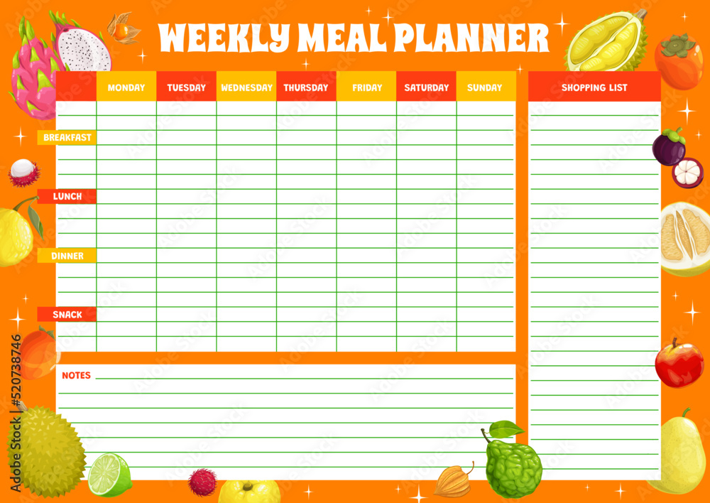 Weekly meal planner with tropical fruits, vector food plan for week ...
