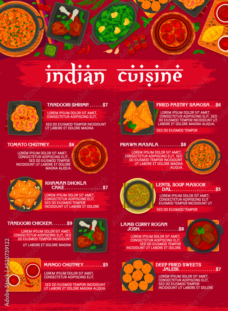 Indian cuisine menu schedule, vector lentil soup masoor dal, fried ...