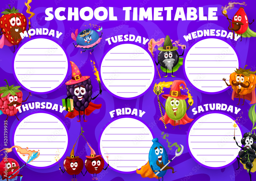 Cartoon wizard mage and witch berry characters, education timetable ...