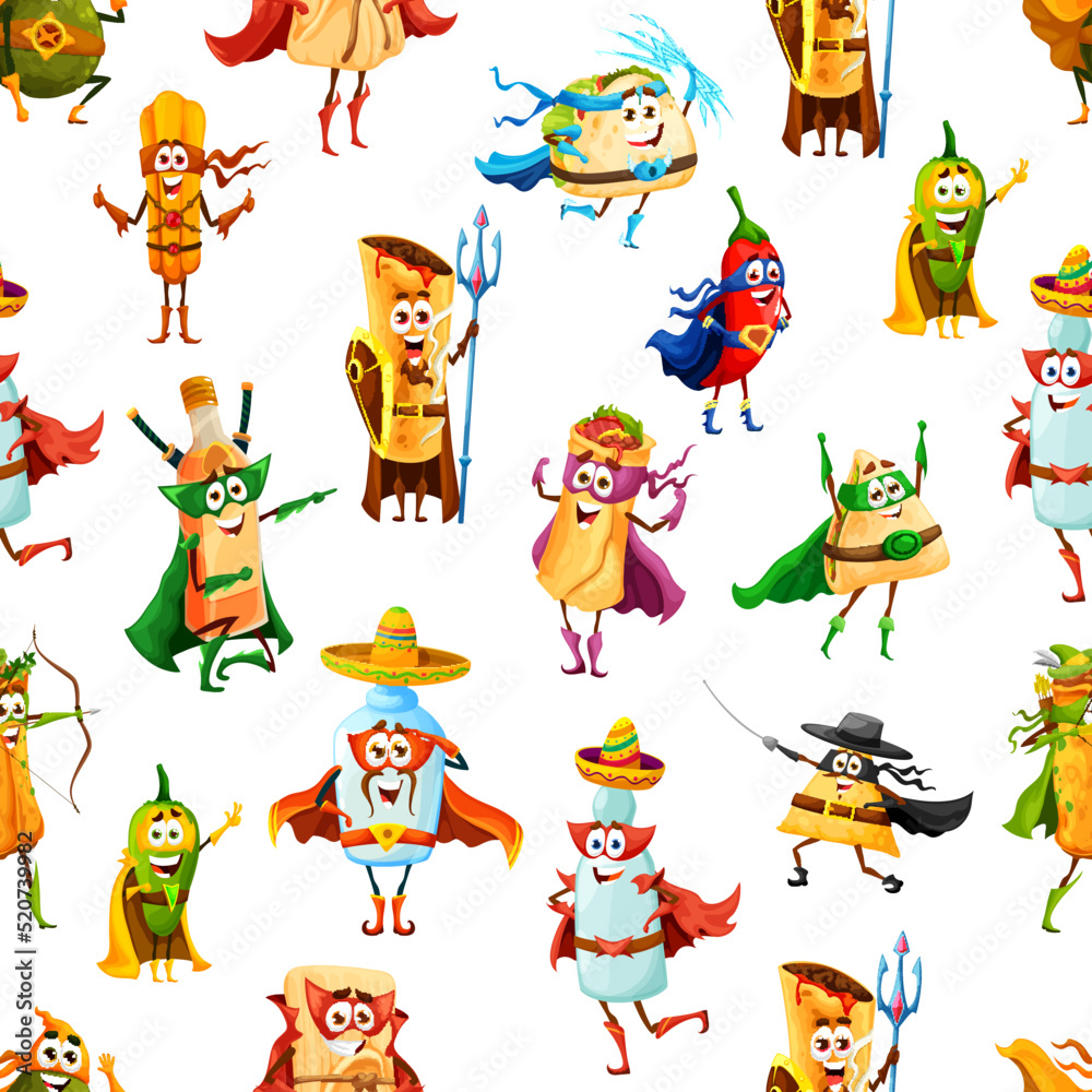 Tex Mex Mexican food superheroes and defenders seamless pattern, vector ...