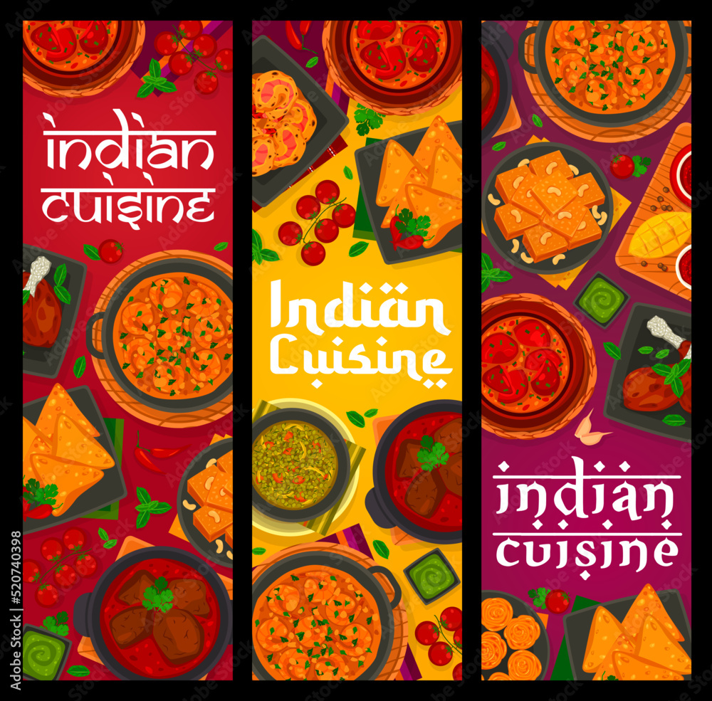 Indian cuisine food banners, vector mango and tomato chutney, prawn ...