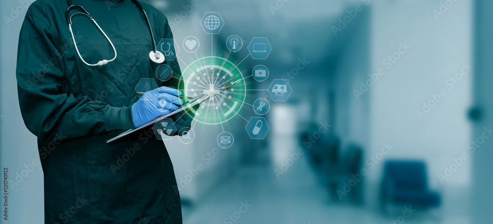 Medicine doctor using digital healthcare and network connection on ...