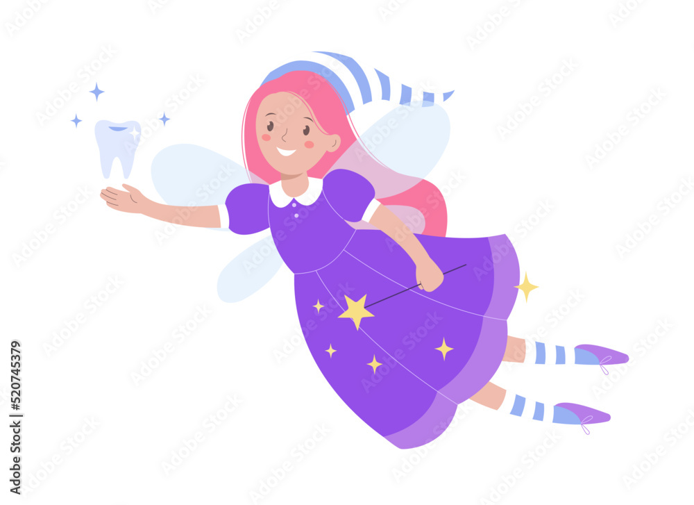 Cute tooth fairy with magic wand and tooth. Vector illustration Stock ...