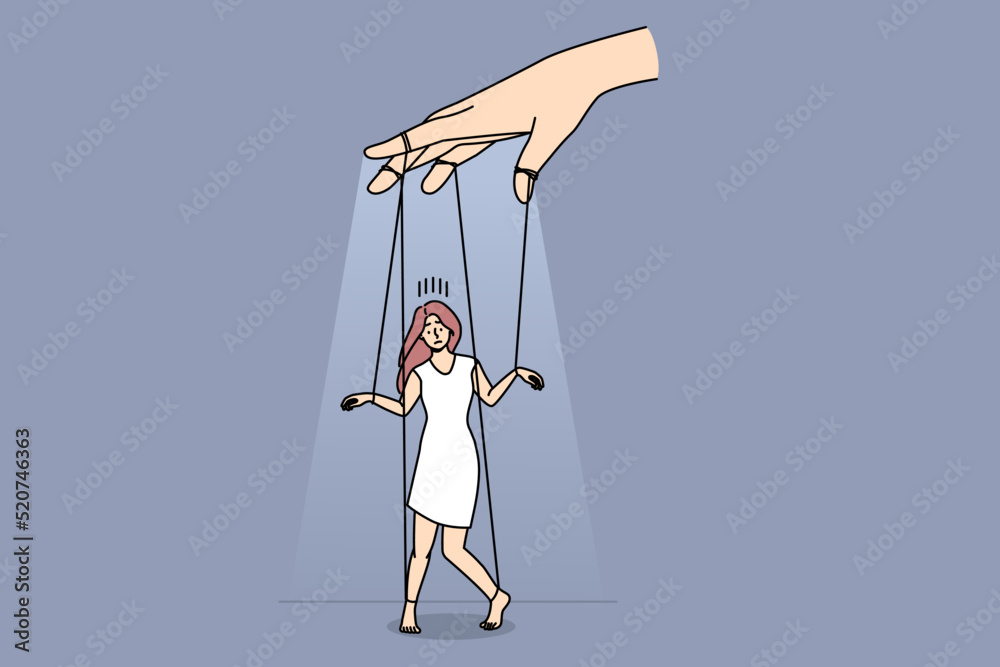 Person holding woman as puppet doll on ropes. Puppeteer control ...