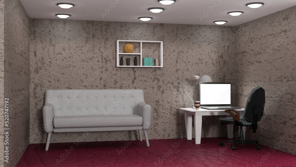 3d render image of a room interior. couch with computer table and ...