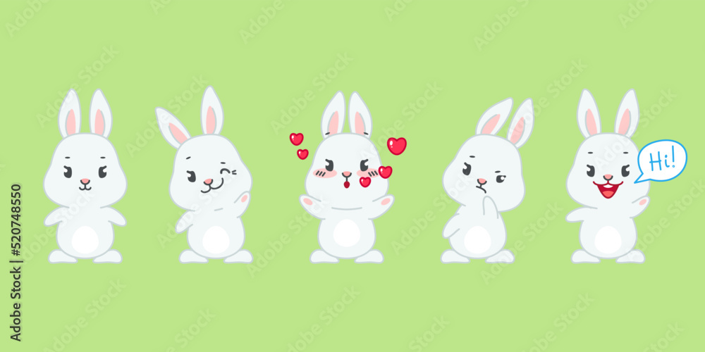 Set of cute bunnies. Flat cartoon illustration of 5 little rabbits of ...