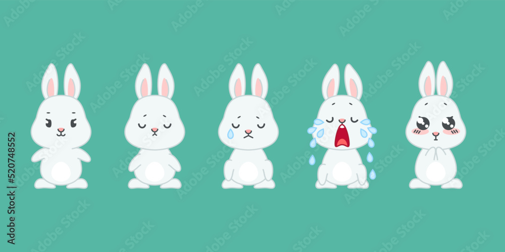Set of cute bunnies. Flat cartoon illustration of 5 little sad rabbits ...