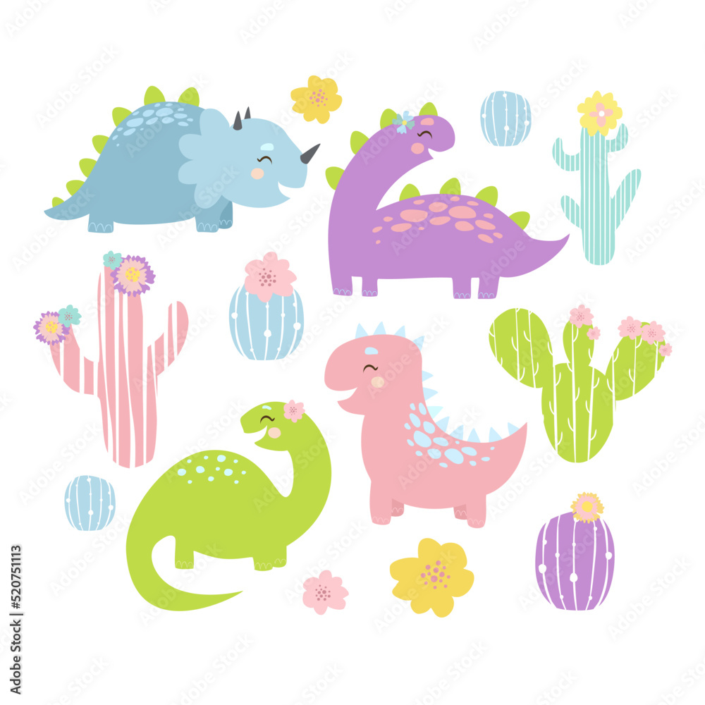 Dinosaurs. Vector dinosaur clipart set. Cute dino doodles. Cacti ...