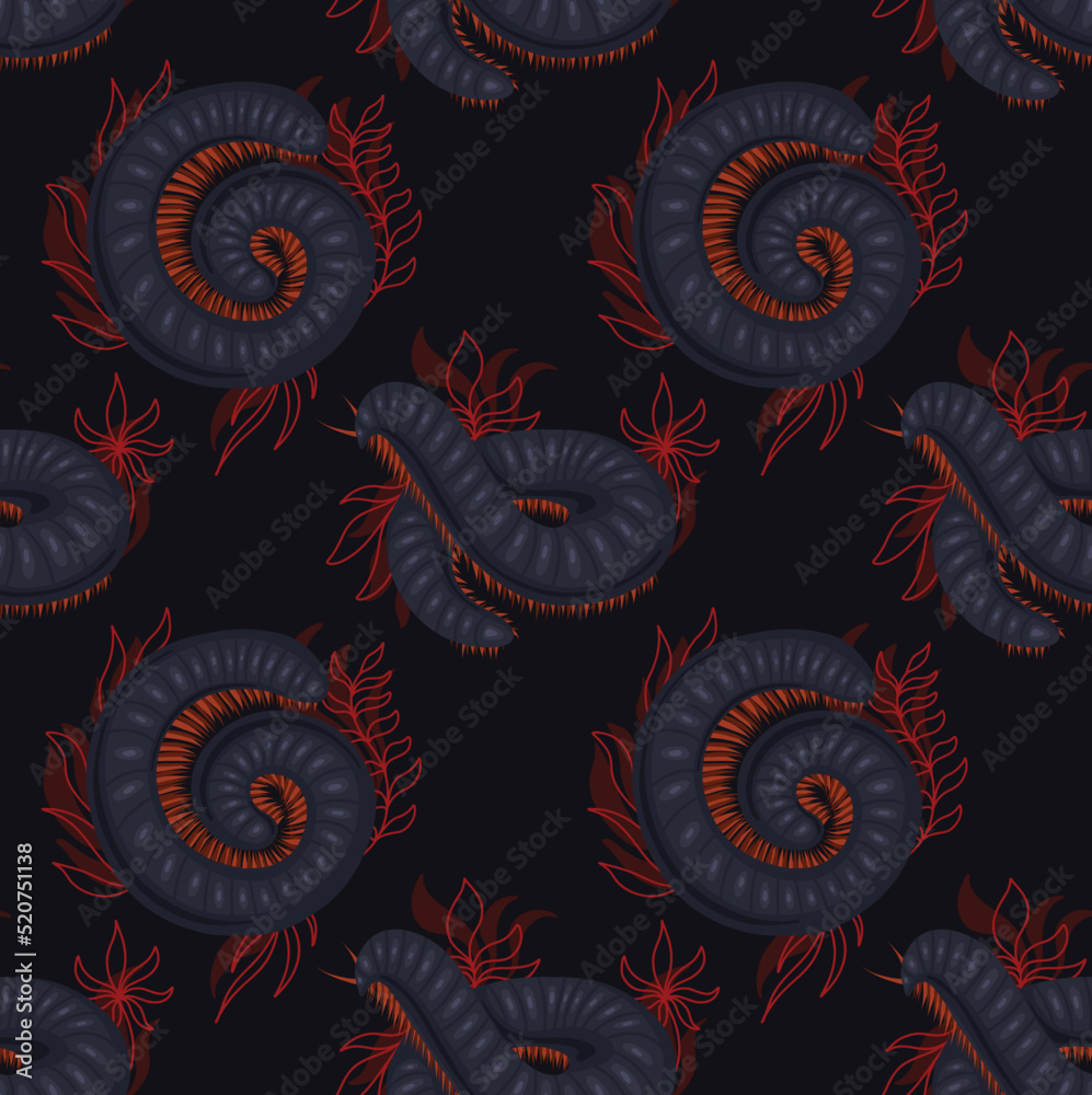 Dark vector seamless pattern with scary centipedes in roll with foliage ...