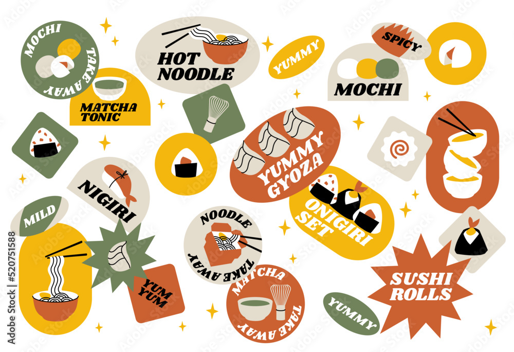 Vector set of retro fast food stickers for Asian cafe. Colorful patch ...