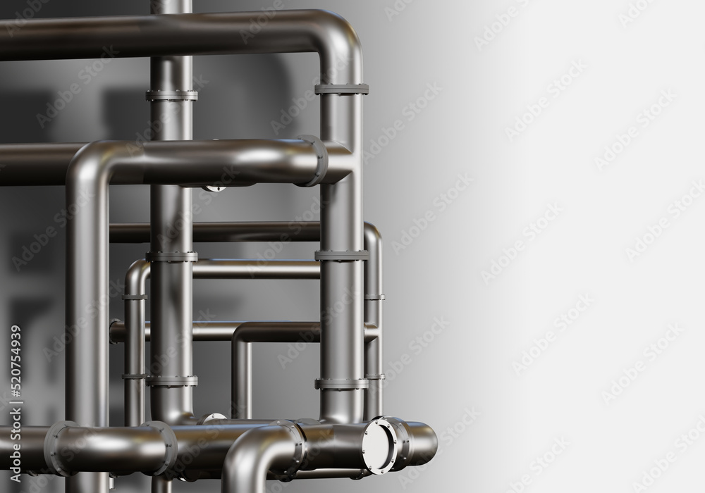 Utility-engineering room. Steel water pipes. Silver piping in technical ...
