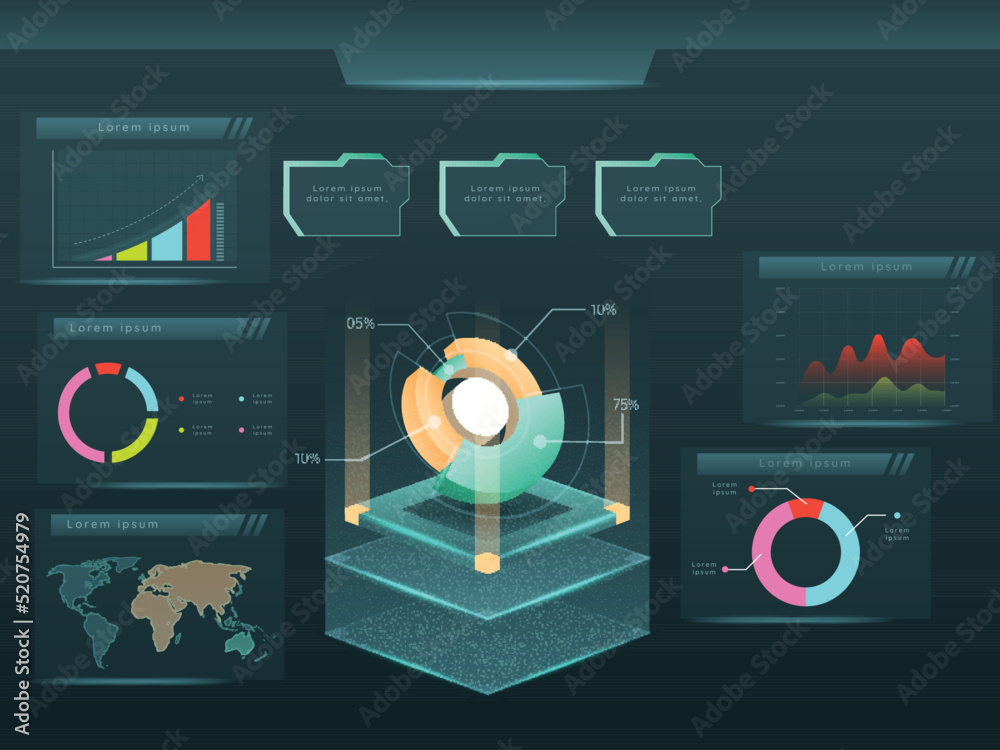 Infographic elements - bar and line charts, percents, pie charts ...