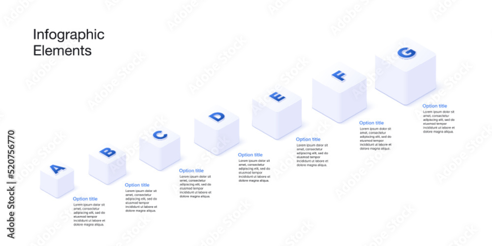 Business process chart infographics with 7 step cubes. Cubic corporate ...