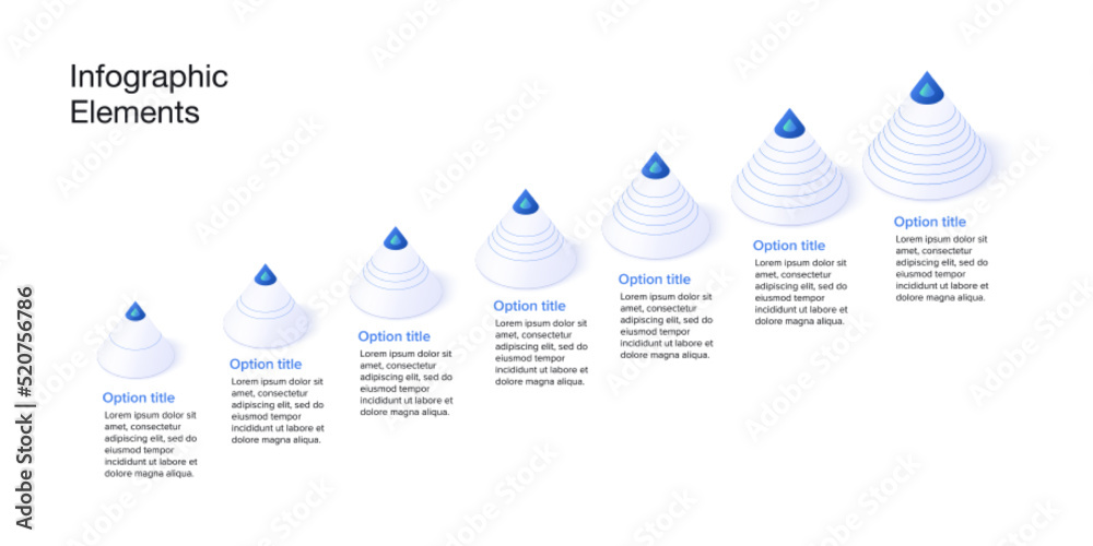 Business process chart infographics with 7 step cones. Cubic corporate ...