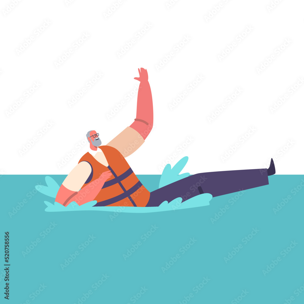 Old Male Character Wear Life Vest Sinking in Sea after Shipwreck. Man ...