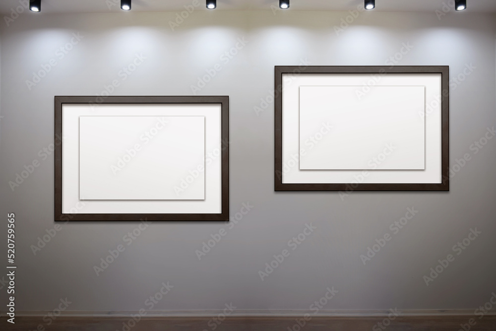 Wall art template - Illuminated empty wall with two blank picture ...