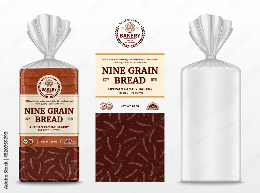Vector bread packaging design. Transparent plastic bag packaging mockup ...
