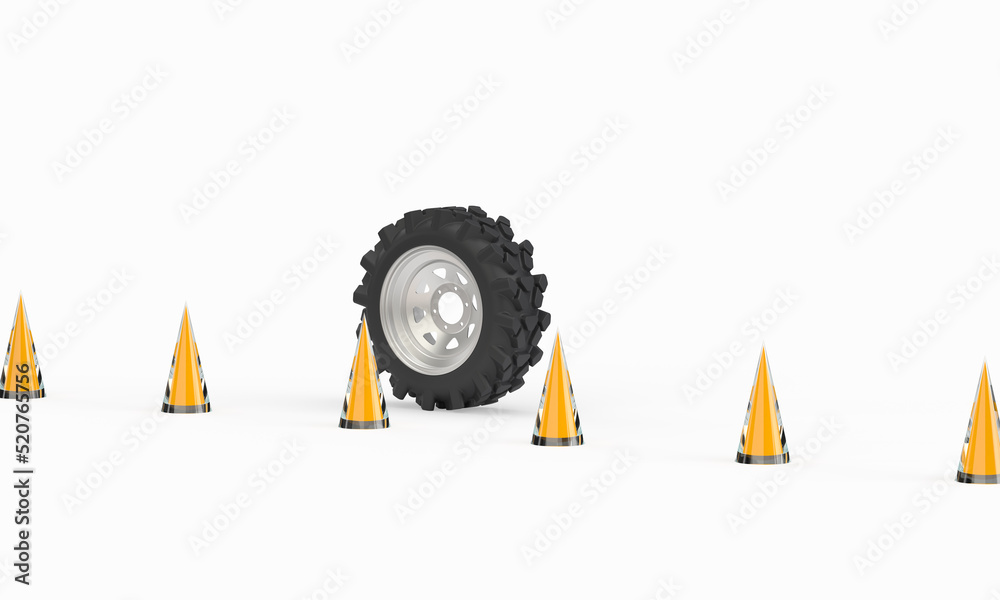 The wheel of the SUV and road cones. 3d render on wheels, rims, car ...