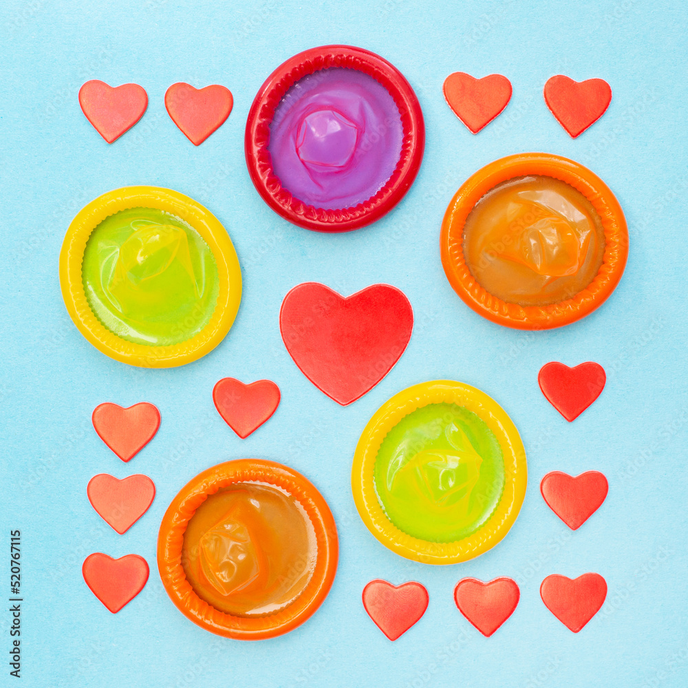 Condoms In Different Colors And Many Red Hearts Square Safe Or Risky