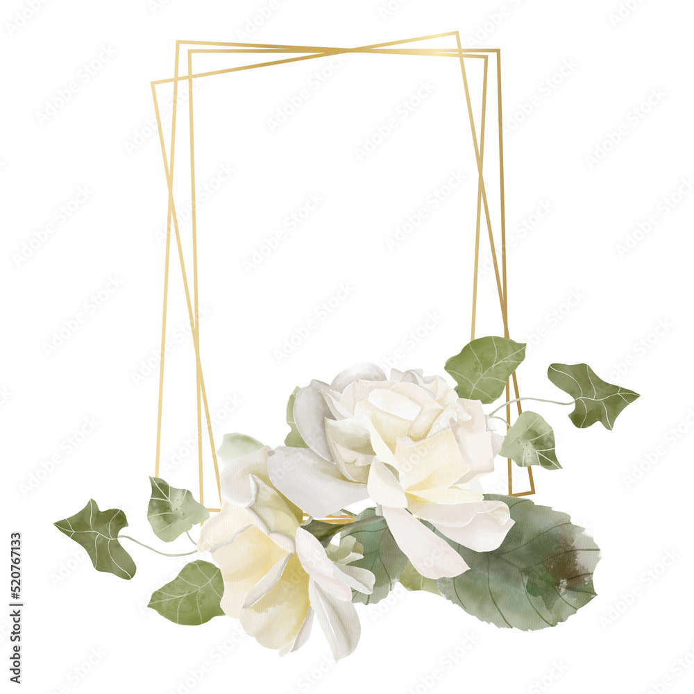 Watercolor white roses with gold polygonal frame, wedding design ...