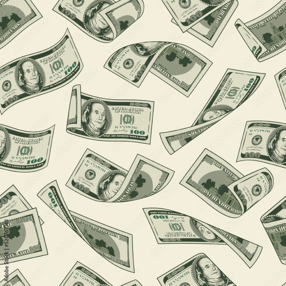 Money seamless pattern with one hundred US dollar bills on a white ...