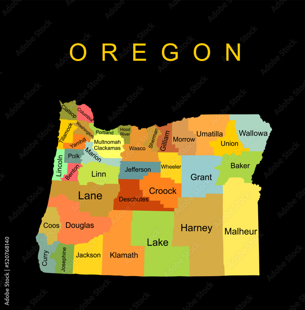 Colorful Oregon vector map silhouette illustration isolated on black ...