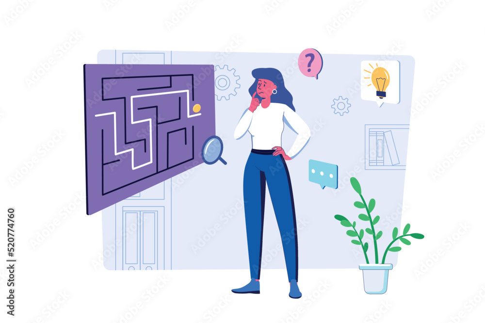 Finding solution concept with people scene for web. Woman thinking and ...