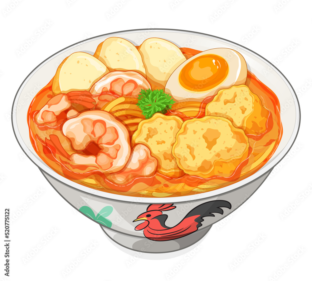 Laksa singapore noodles food menu close up illustration vector. Laksa ...