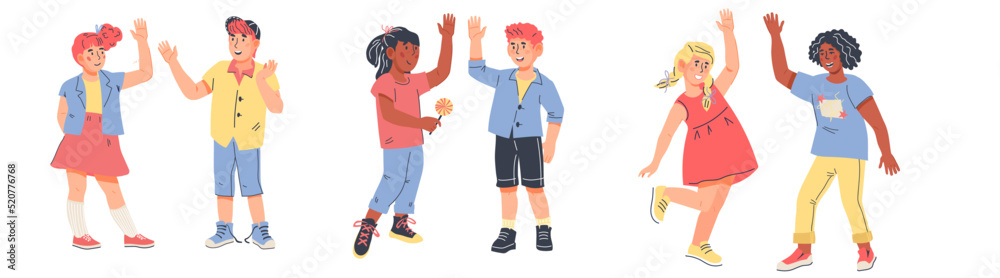 Children, little friends giving high five, cartoon flat vector ...