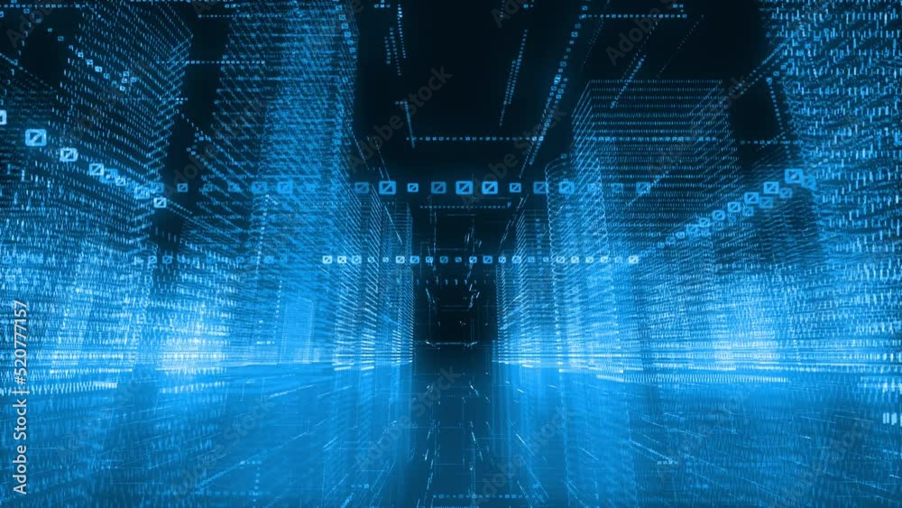 Abstract digital city animation - camera moving between building ...