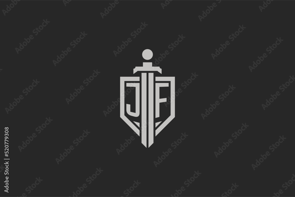 Letter JF logo with shield and sword icon design in geometric style ...