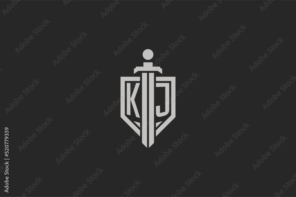 Letter KJ logo with shield and sword icon design in geometric style ...