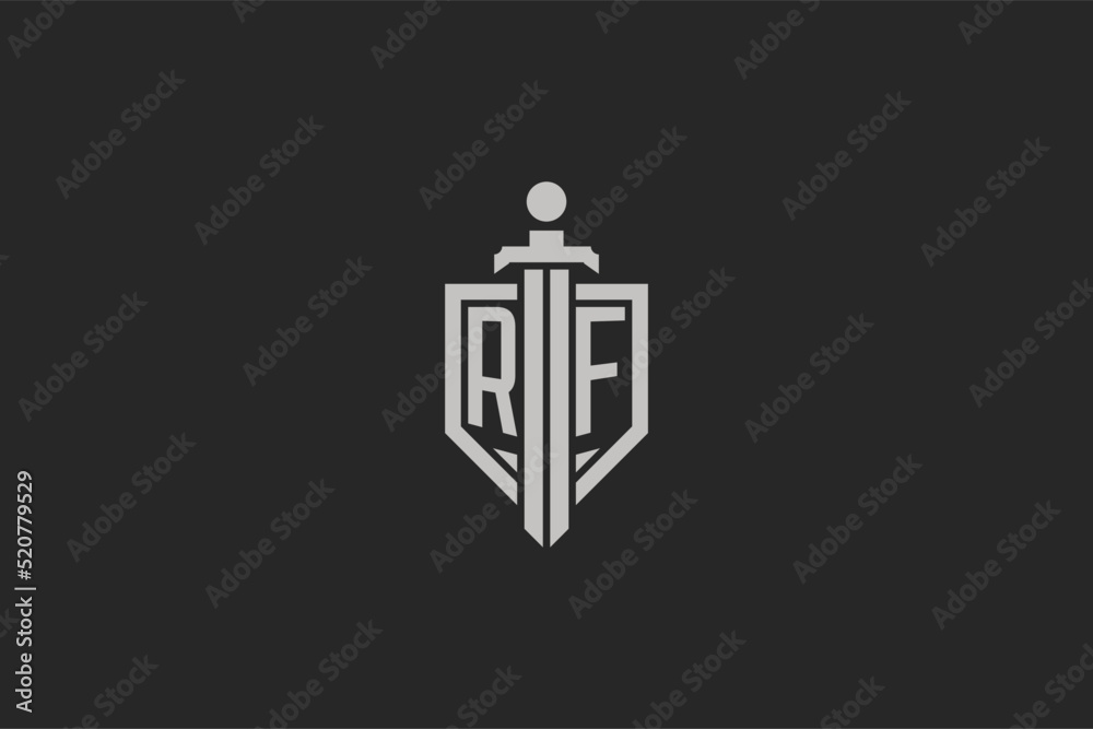 Letter RF logo with shield and sword icon design in geometric style ...