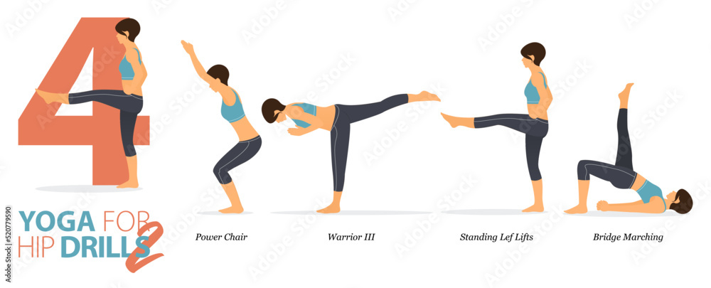 4 Yoga Poses Or Asana Posture For Workout In Hip Drills Concept Women