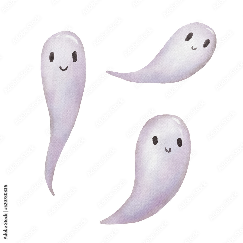 Set of Simple cute ghosts, watercolor illustration isolated on white ...