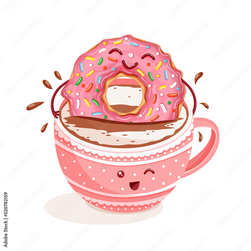 Cartoon funny donut with pink icing takes a bath in a cup of coffee ...