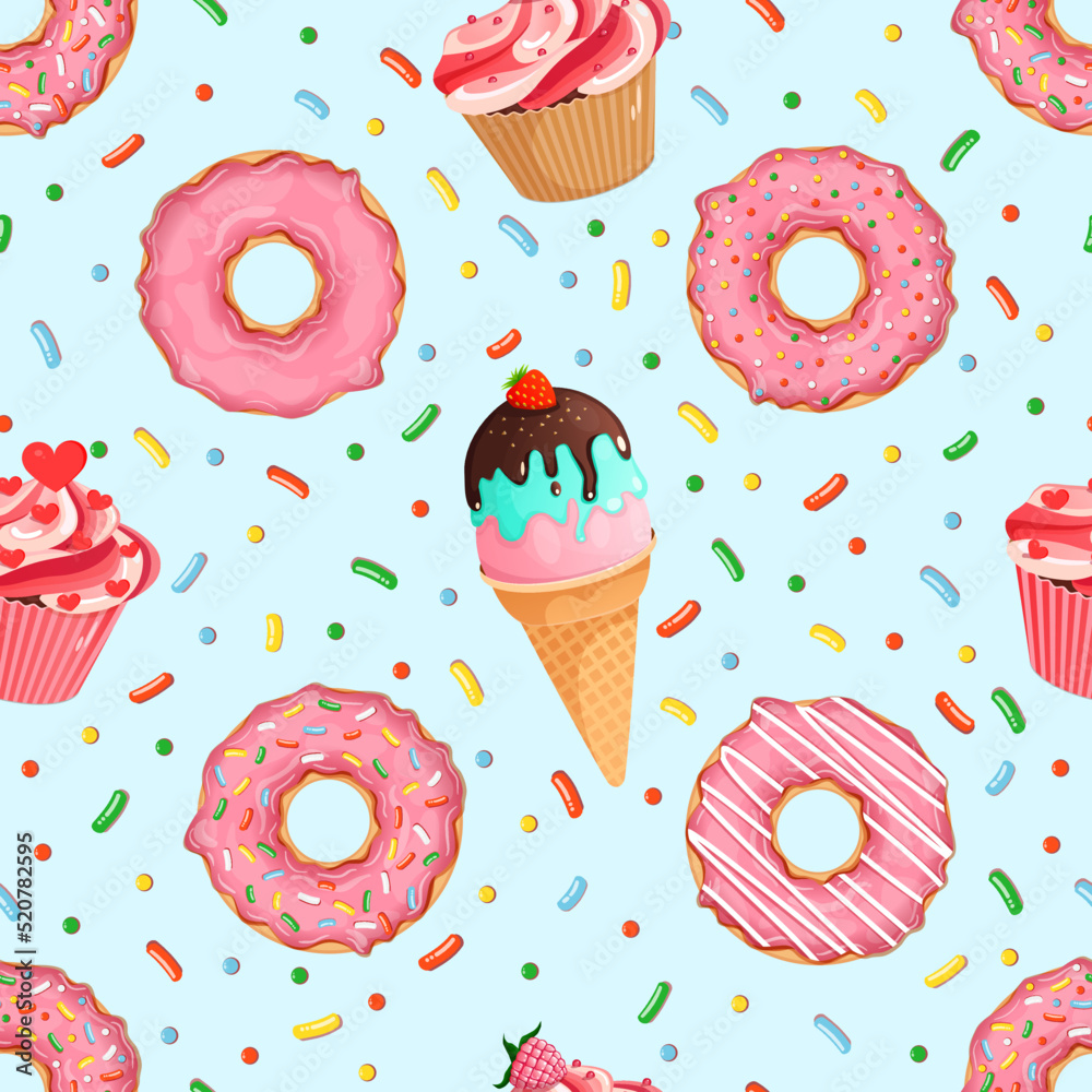Seamless pattern with donuts, cupcakes and ice cream. Sweets. Vector ...