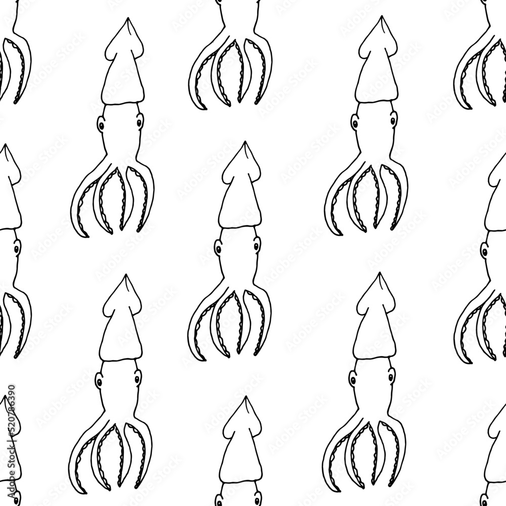 Seamless pattern with squid drawn black marker on white paper. The ...