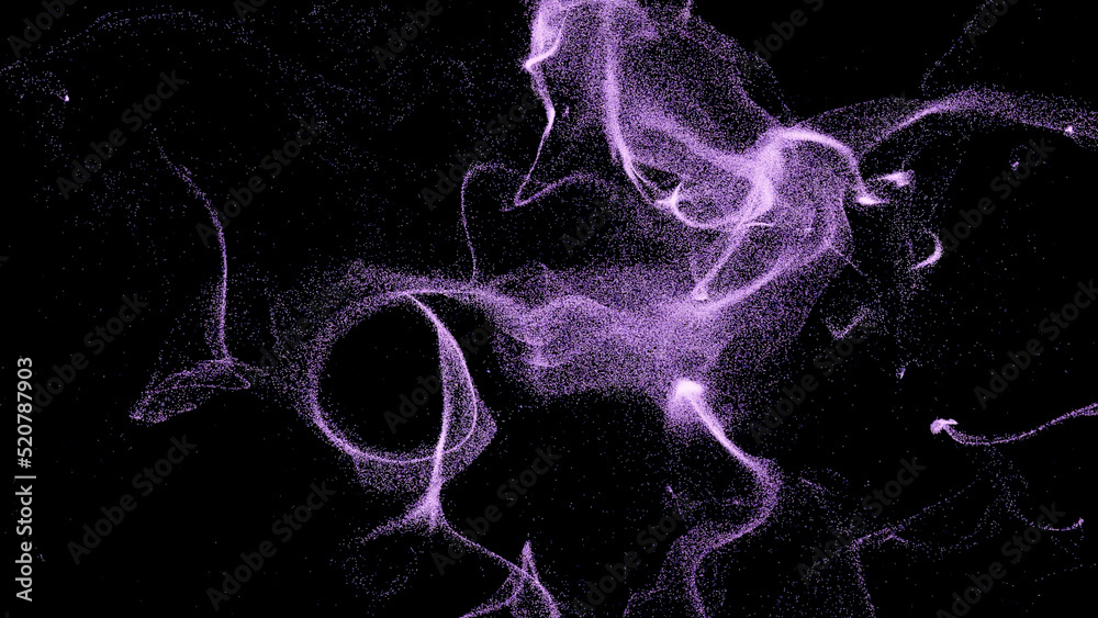 Abstract flying purple particles on a black background. Design ...