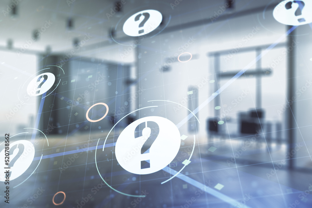 Abstract virtual question mark hologram on a modern furnished classroom ...