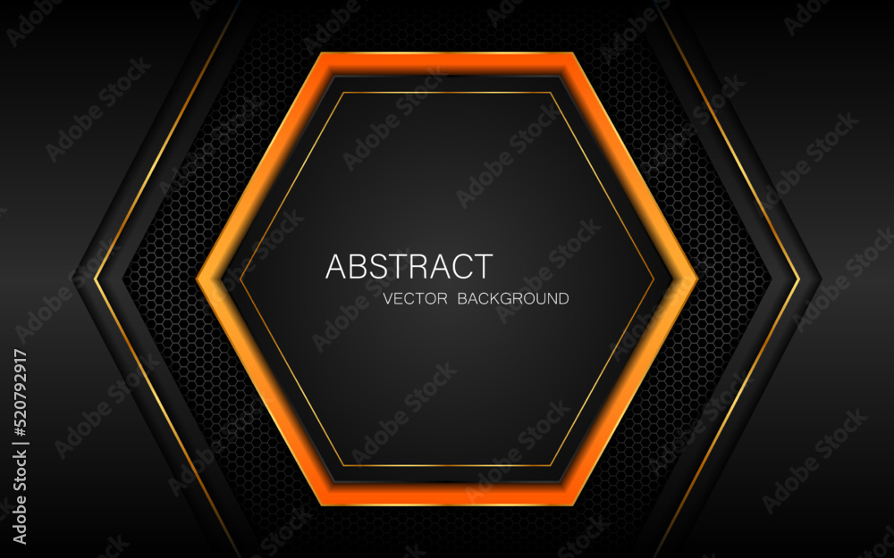 Abstract black and orange polygon with golden glow lines overlaid on ...