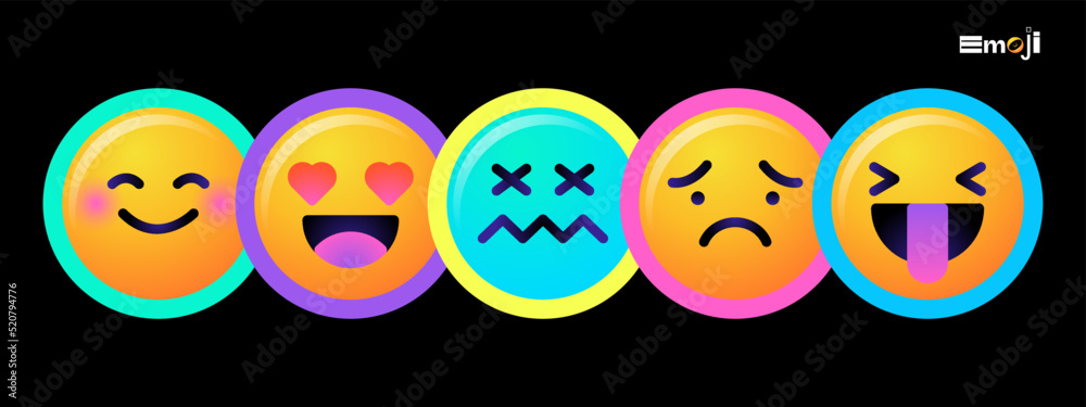 Round emoticons set. Yellow Emoji faces emoticon smile, digital smiley ...